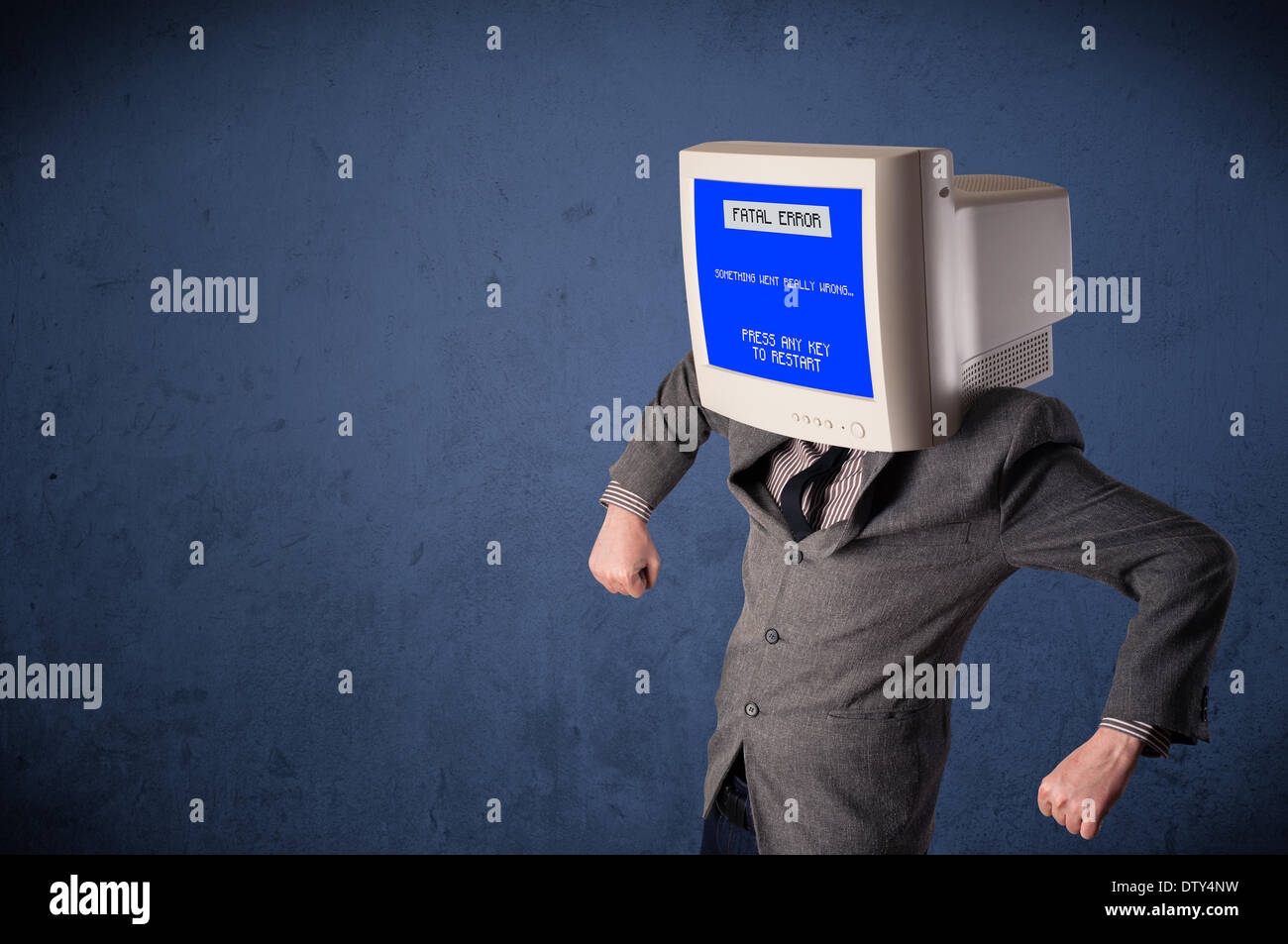 Person with a monitor head and fatal error blue screen on the display ...