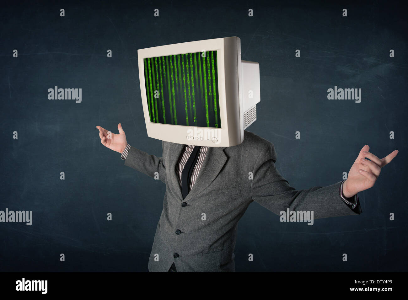 Cyber human with a monitor screen and computer code on the display ...