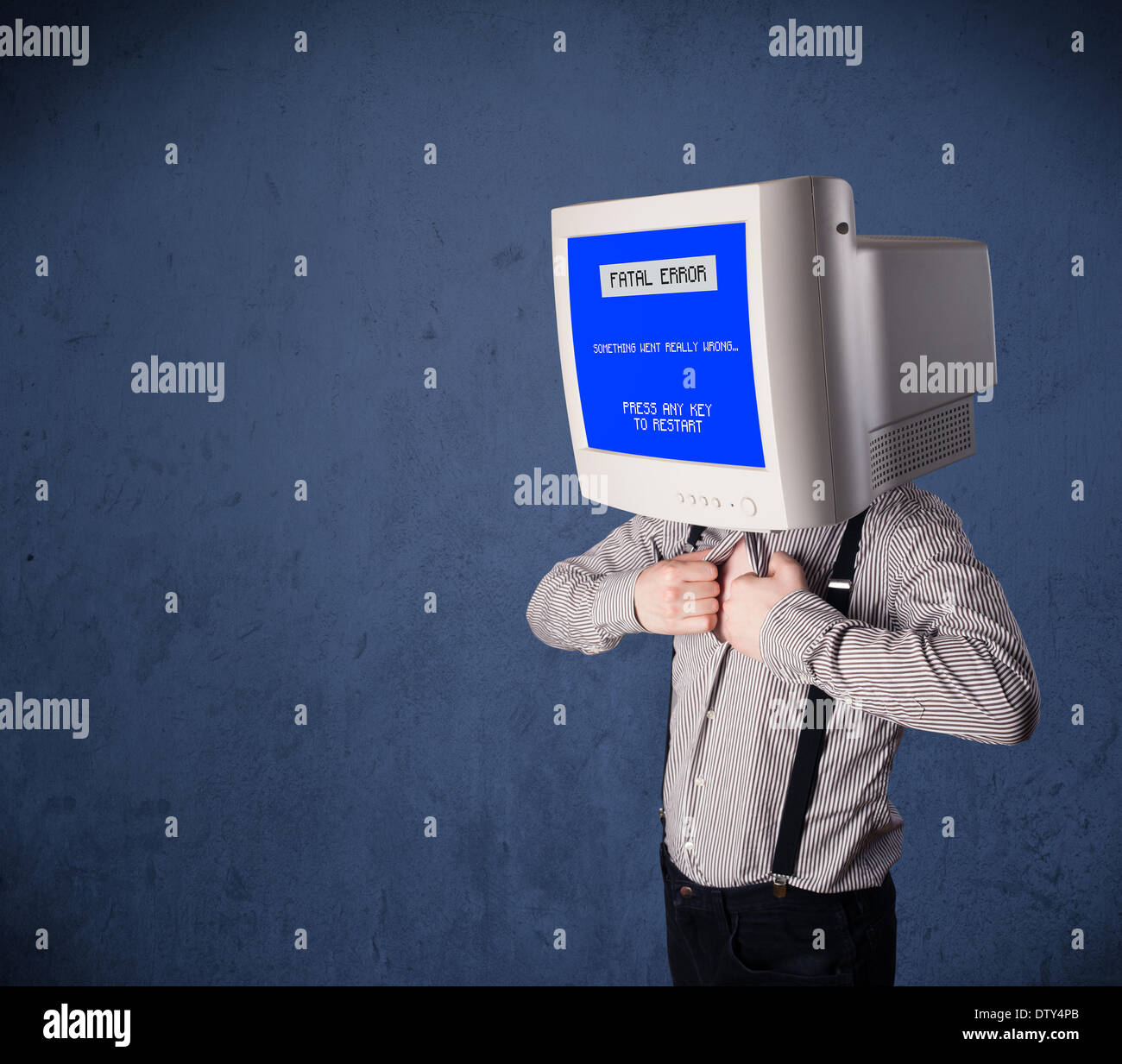 Person with a monitor head and fatal error blue screen on the display ...