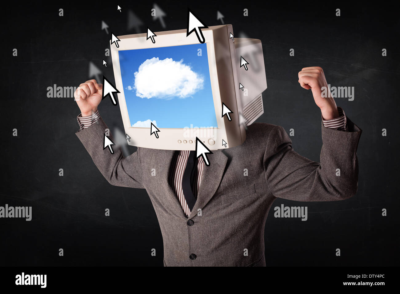Business man with a monitor on his head, cloud system and pointers on ...