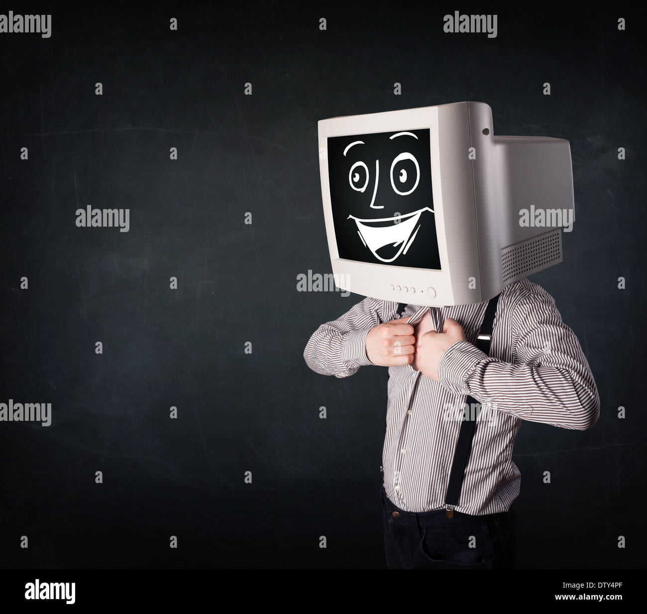 Happy businessman with a PC monitor head and a smiley face Stock Photo ...