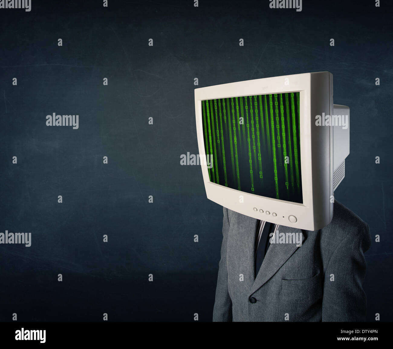 Cyber human with a monitor screen and computer code on the display ...