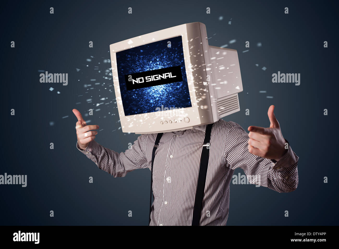 Man with a monitor head, no signal sign on the display Stock Photo - Alamy