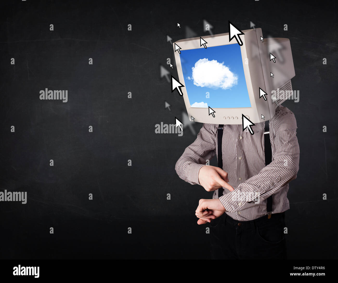 Business man with a monitor on his head, cloud system and pointers on ...