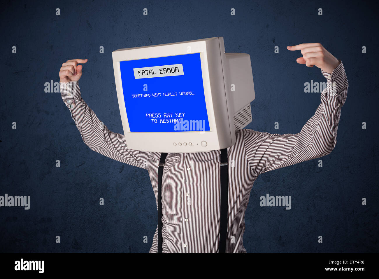Person with a monitor head and fatal error blue screen on the display ...