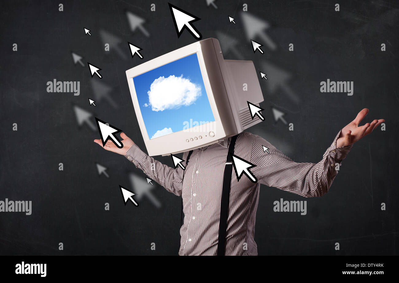 Business man with a monitor on his head, cloud system and pointers on ...