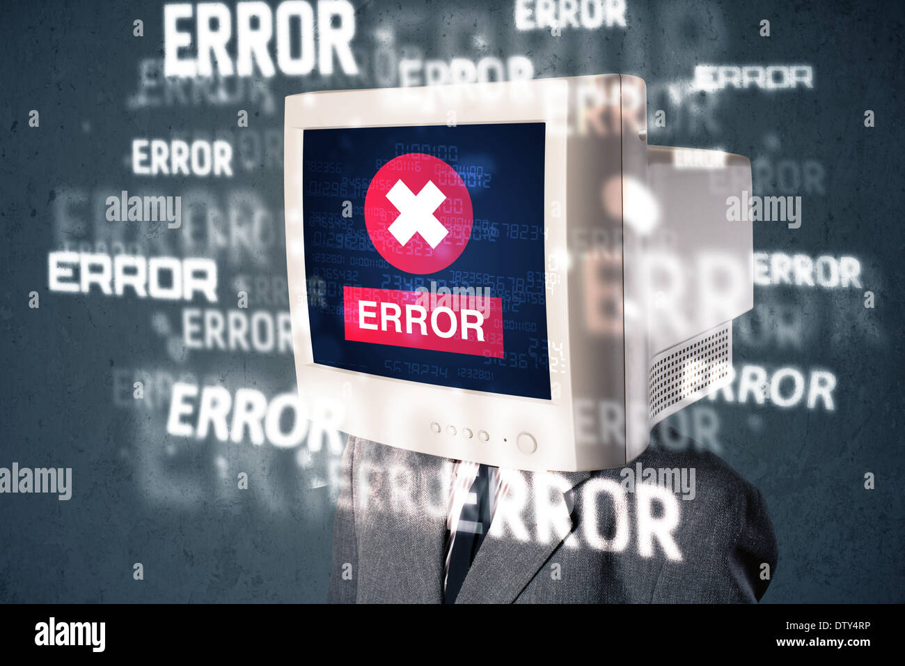 Business man with pc monitor on his head and error messages on the ...