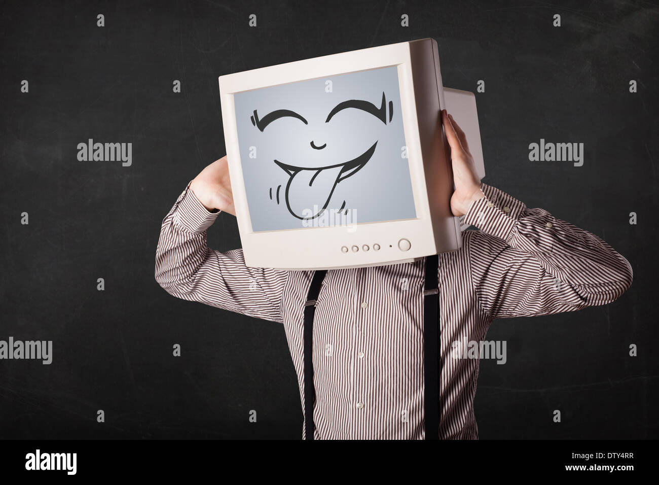 Happy business man with a computer monitor and a smiley face Stock ...