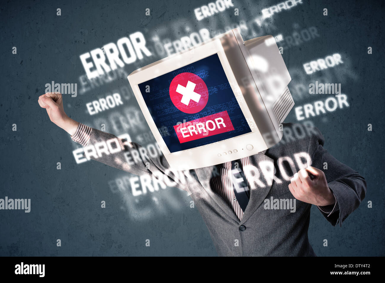 Business man with pc monitor on his head and error messages on the ...