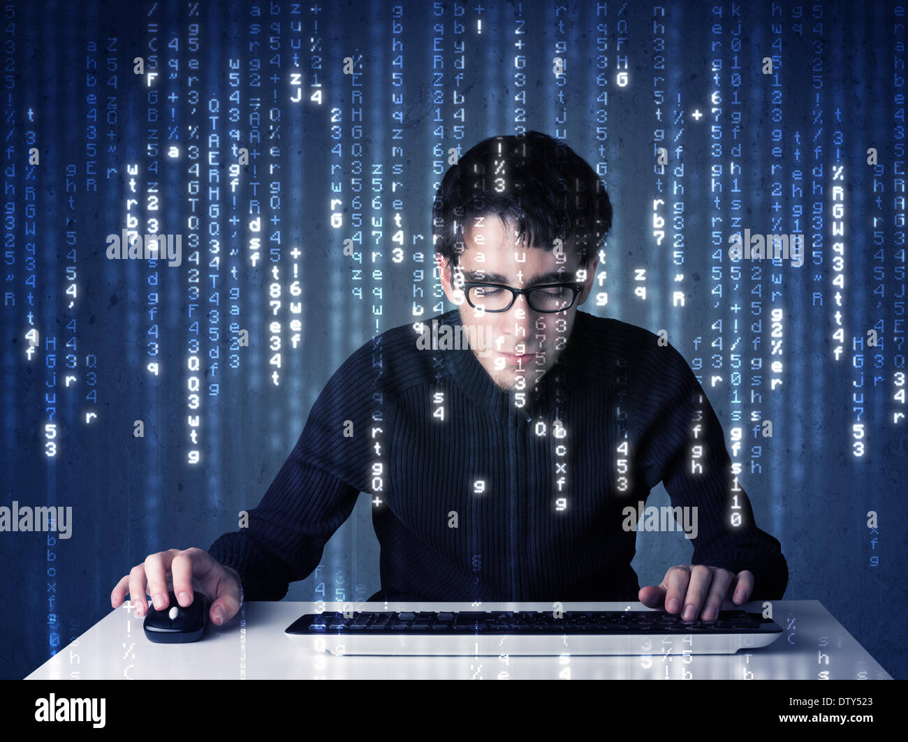 Hacker decoding information from futuristic network technology Stock ...