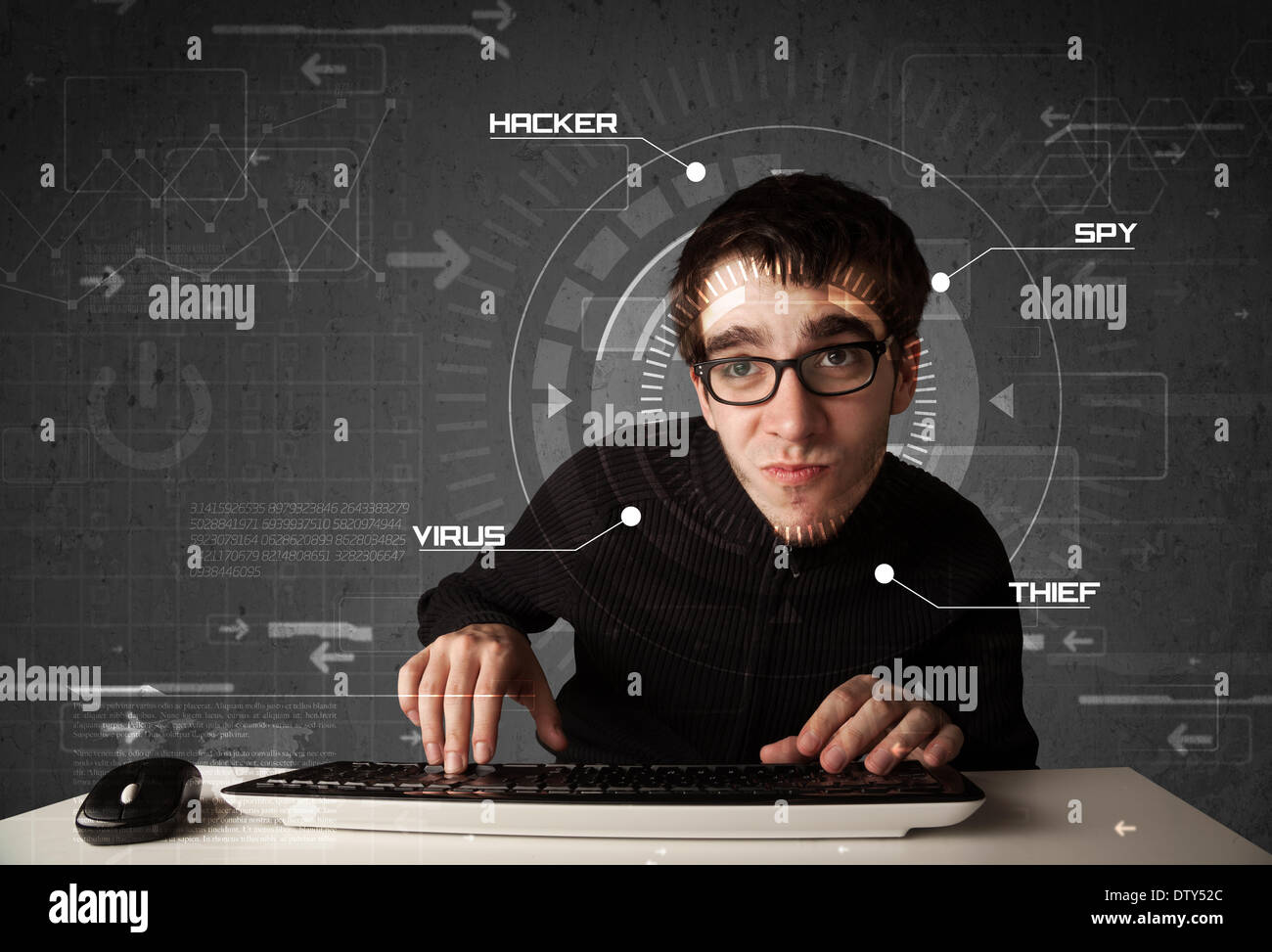 Young hacker in futuristic enviroment hacking personal information ...