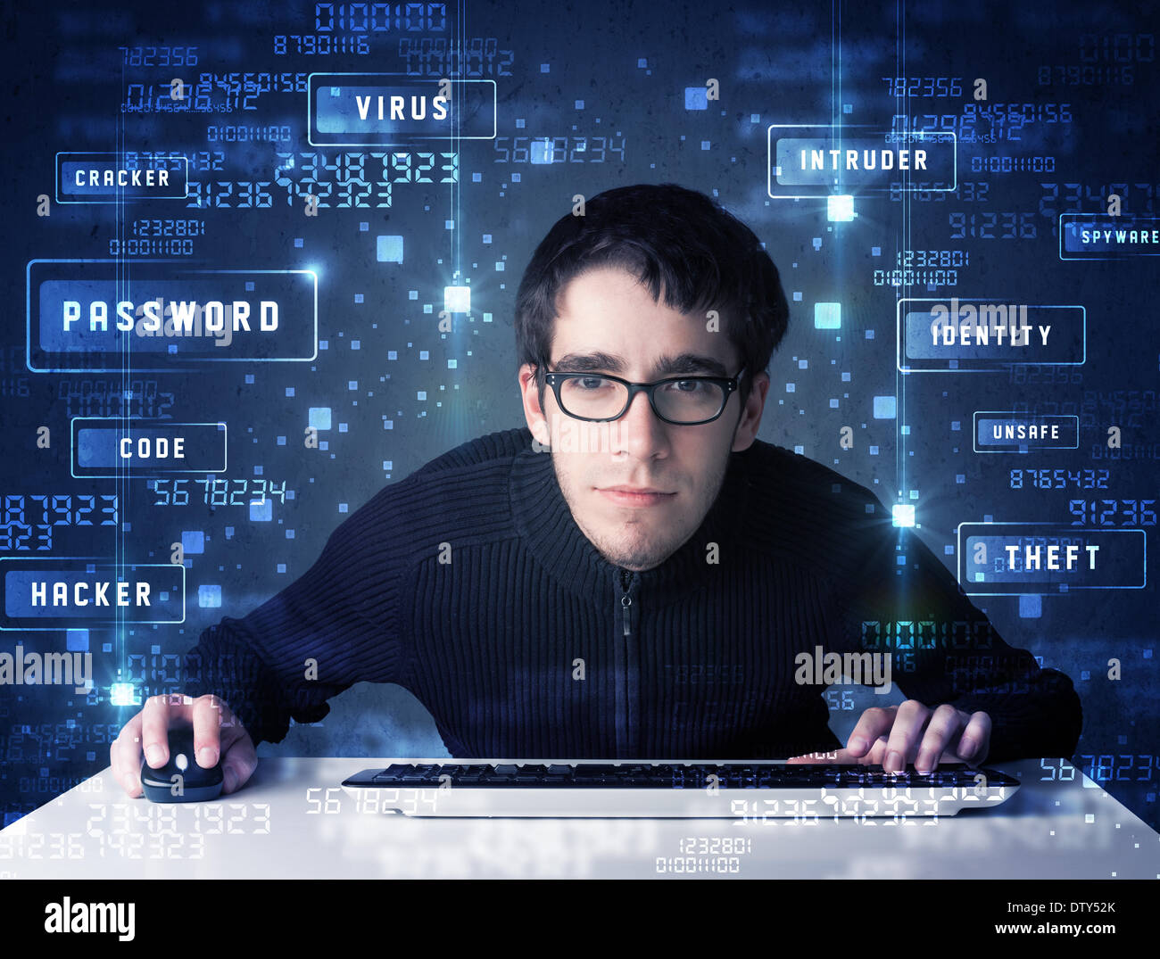 Hacker programing in technology enviroment with cyber icons Stock Photo ...