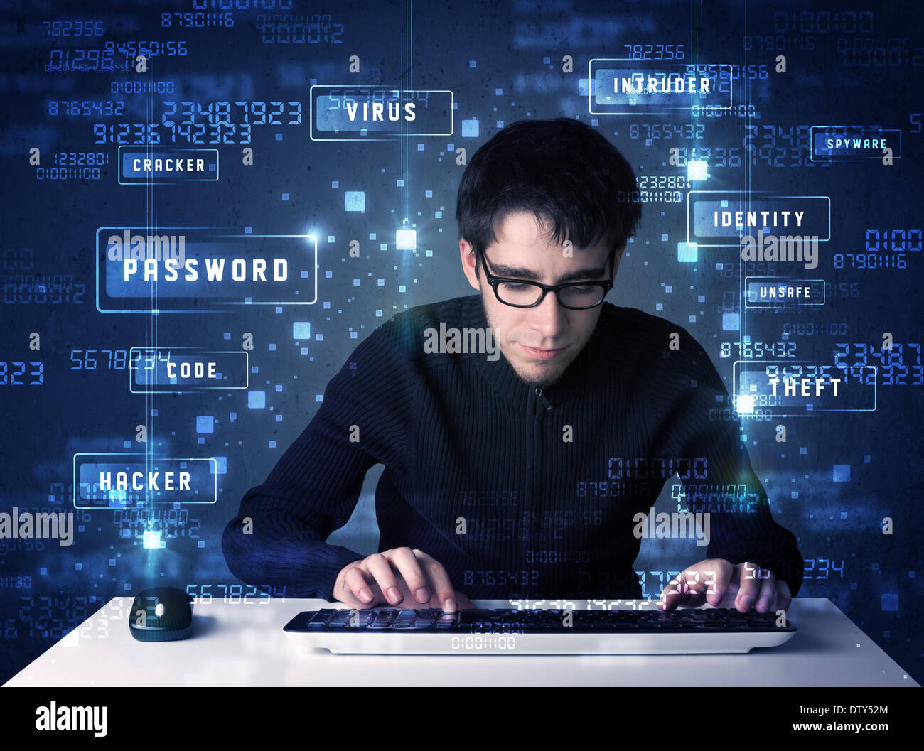 Hacker programing in technology enviroment with cyber icons Stock Photo ...
