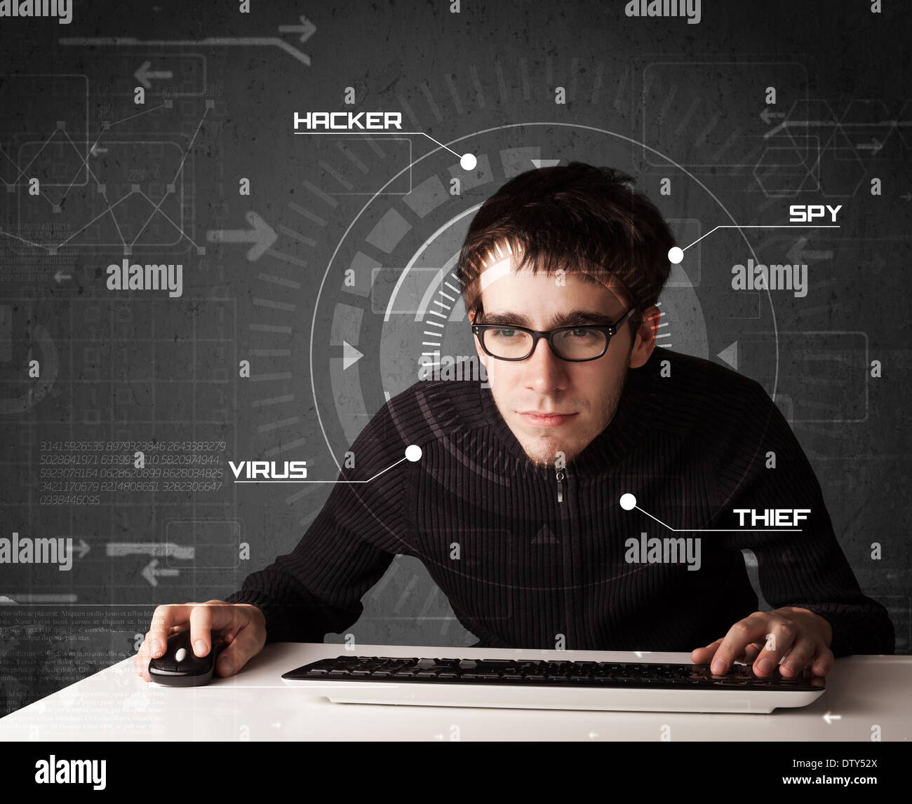 Young hacker in futuristic enviroment hacking personal information ...