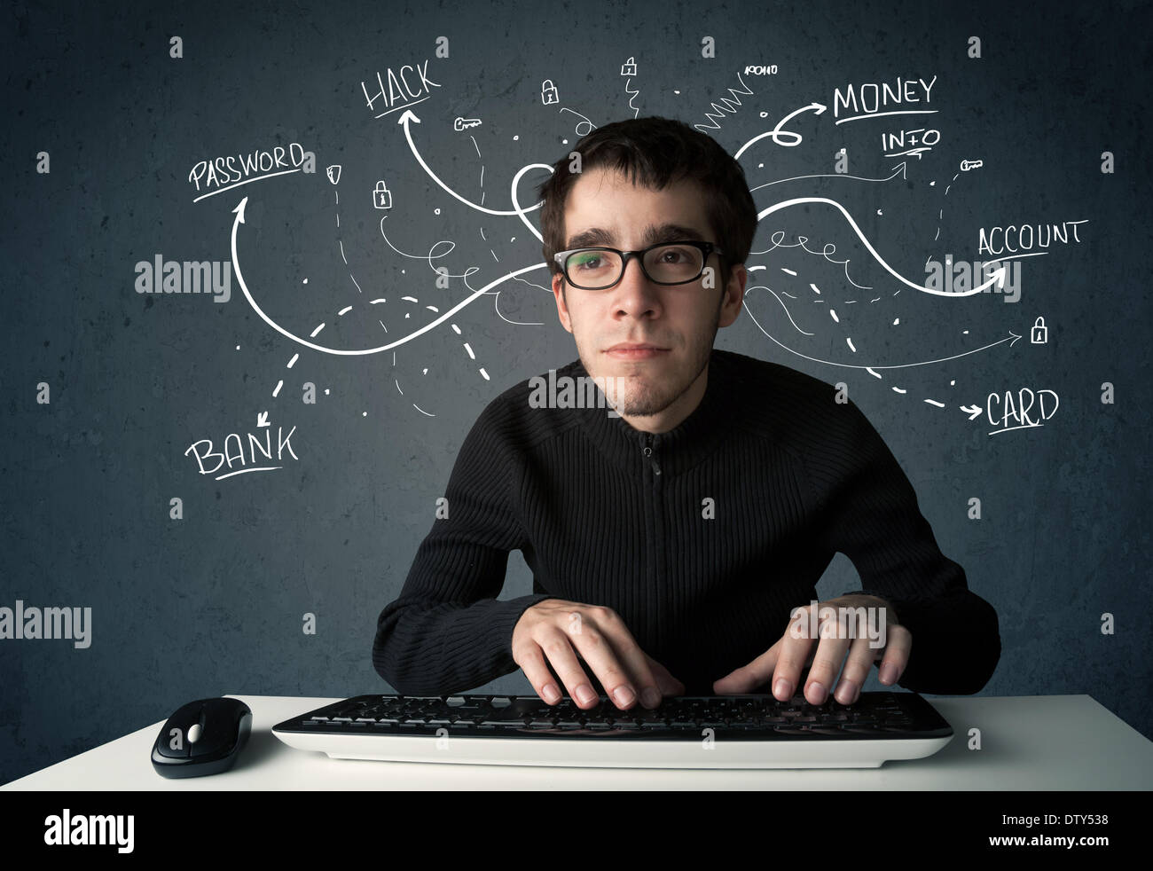 Young hacker with white drawn line thoughts Stock Photo - Alamy