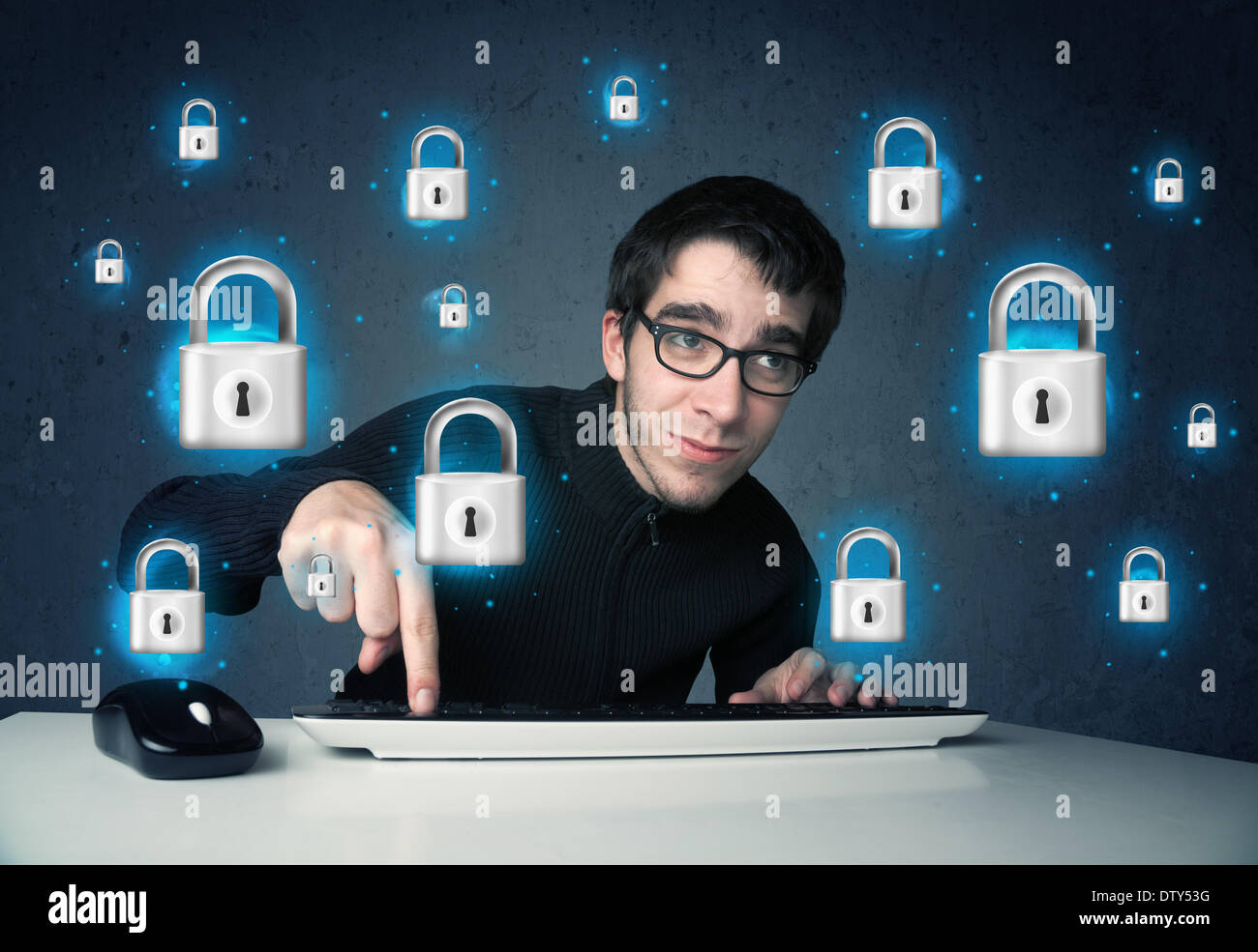 Young hacker with virtual lock symbols and icons Stock Photo - Alamy