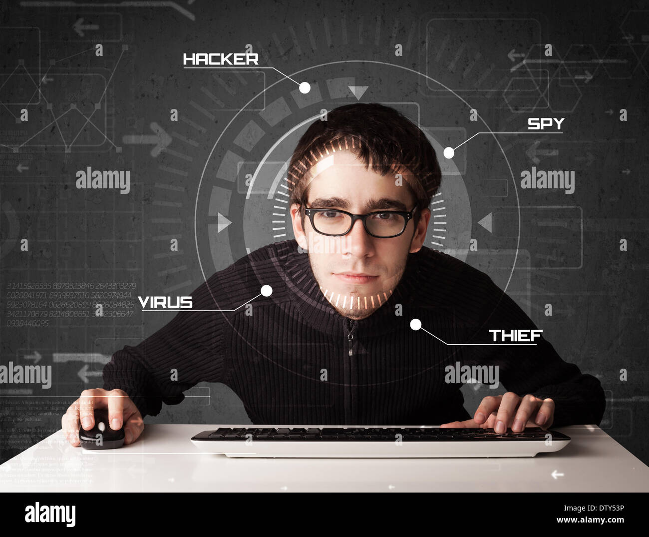 Young hacker in futuristic enviroment hacking personal information ...