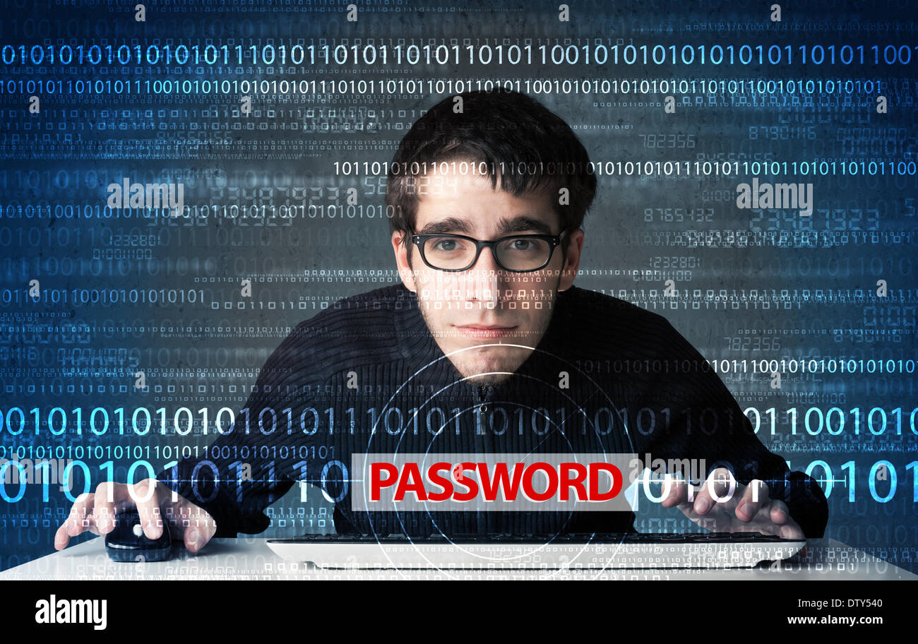 Young geek hacker stealing password Stock Photo - Alamy