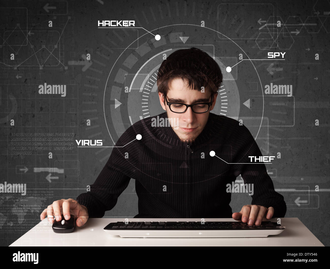 Young hacker in futuristic enviroment hacking personal information ...