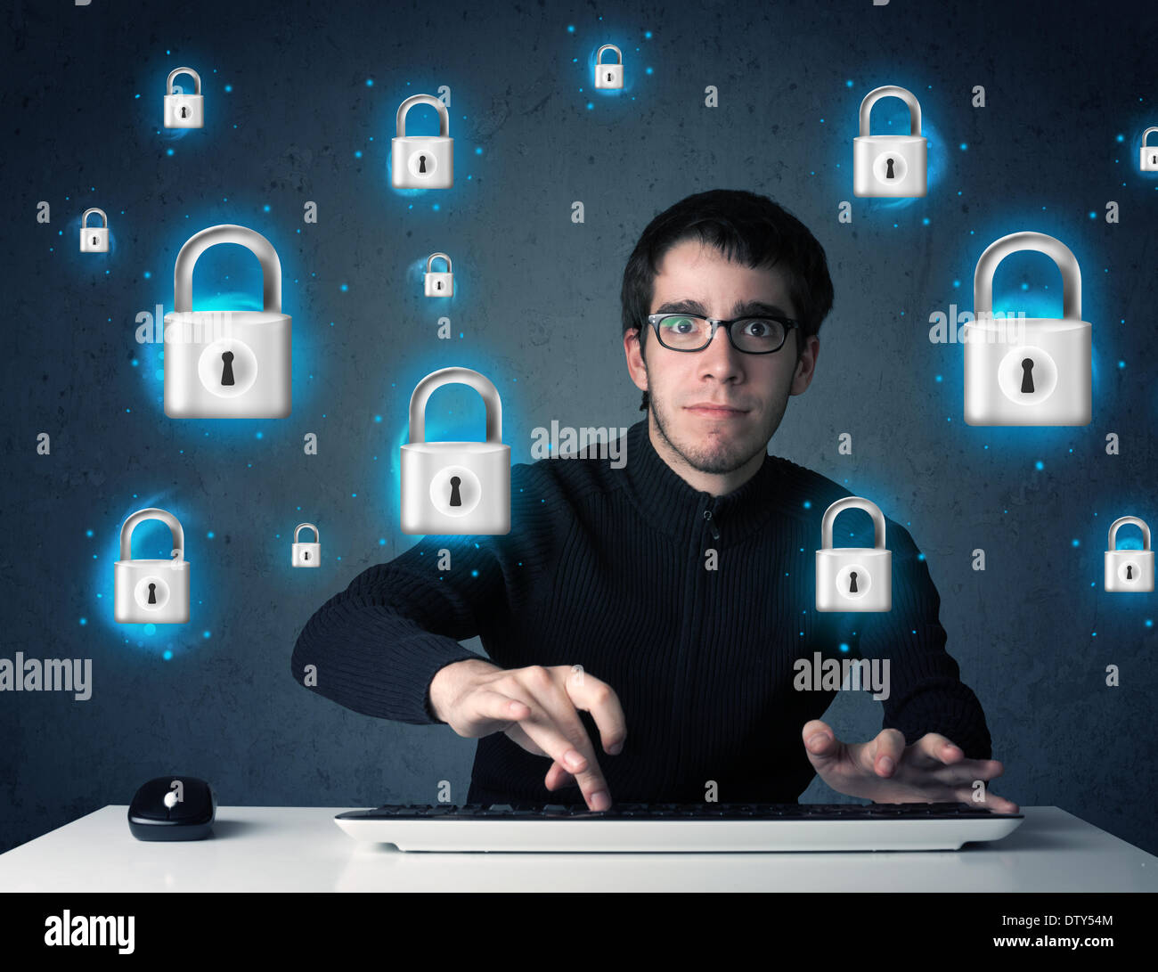 Young hacker with virtual lock symbols and icons Stock Photo - Alamy