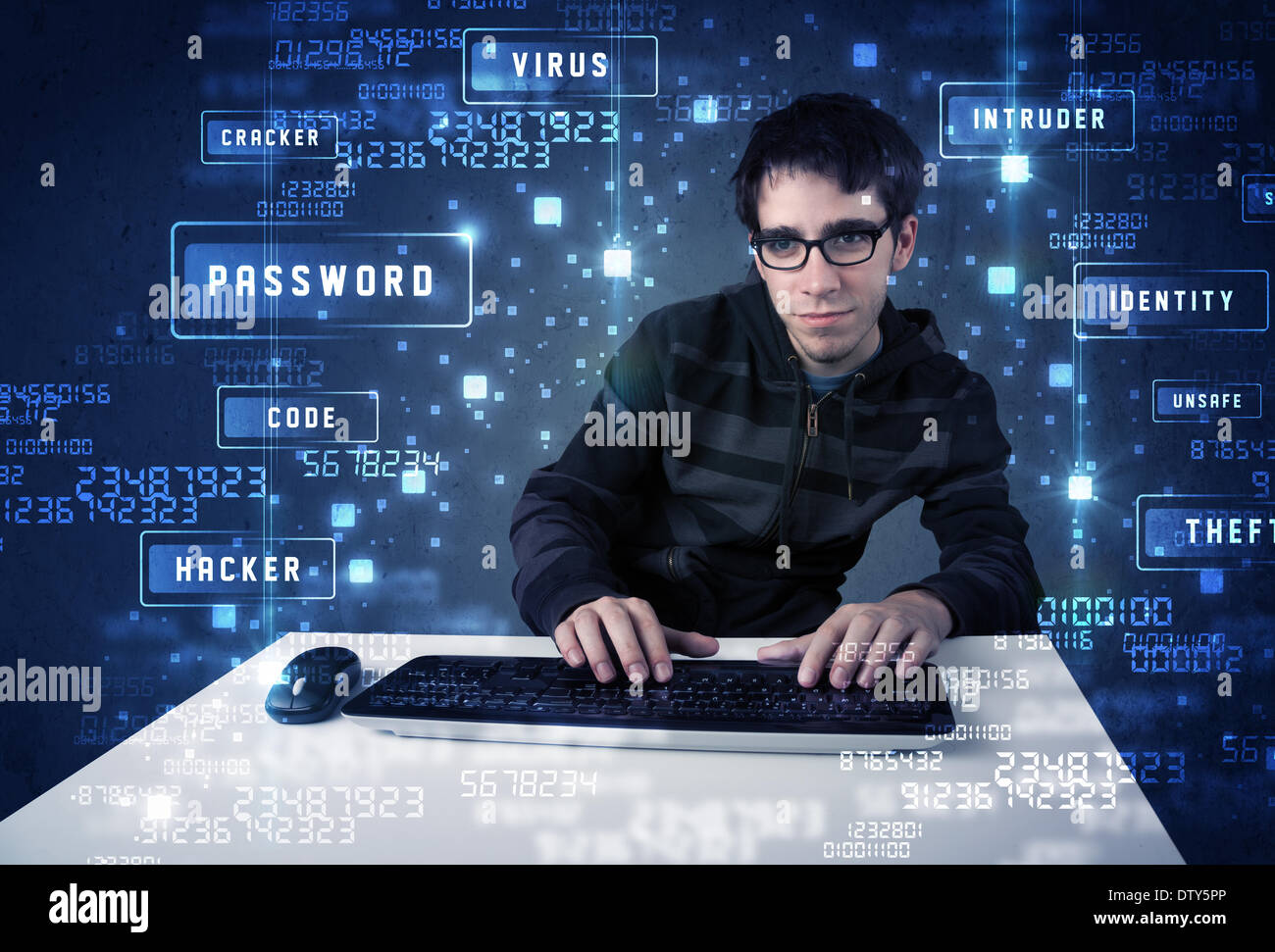 Hacker programing in technology enviroment with cyber icons Stock Photo ...