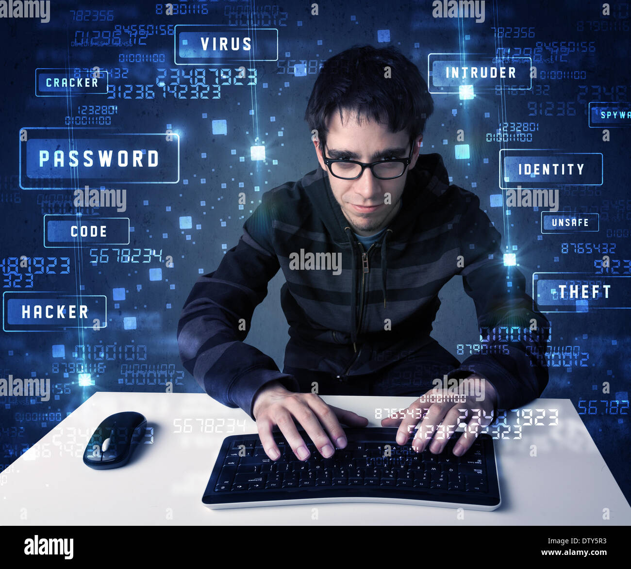 Hacker programing in technology enviroment with cyber icons Stock Photo - Alamy