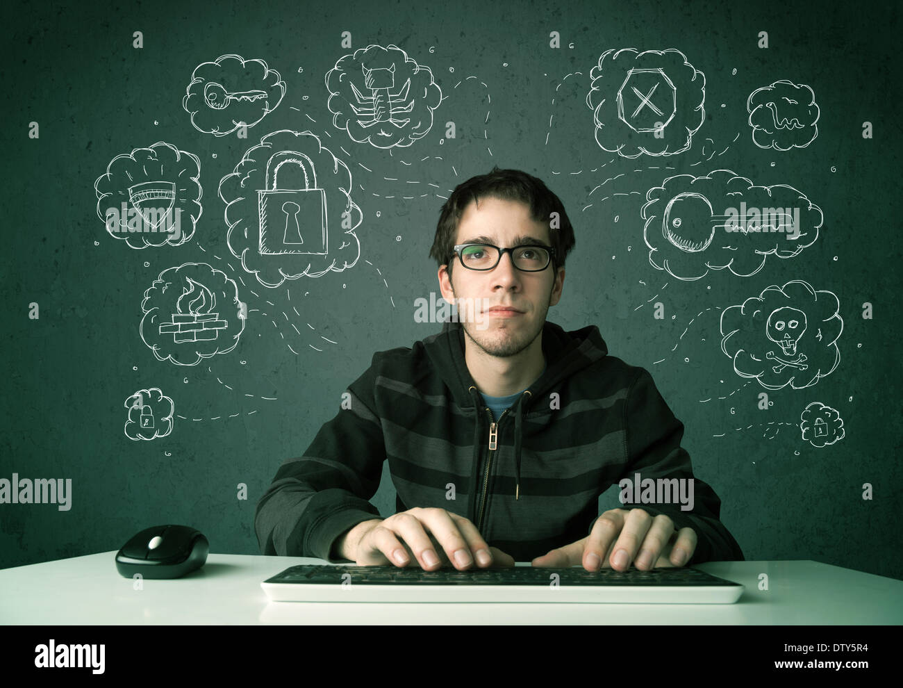 Young nerd hacker with virus and hacking thoughts Stock Photo - Alamy