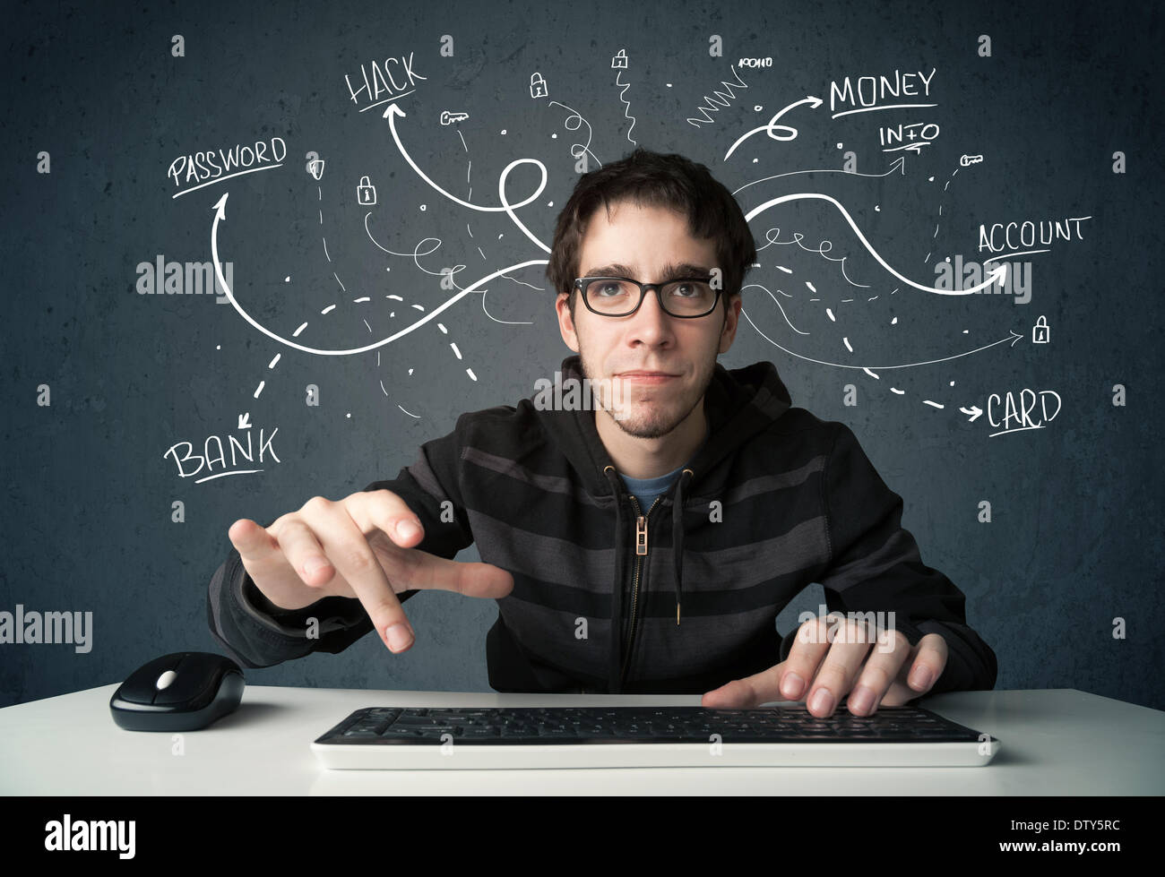 Young hacker with white drawn line thoughts Stock Photo - Alamy