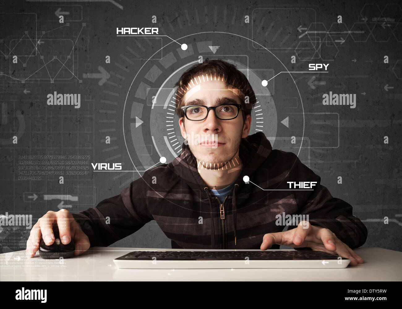 Young hacker in futuristic enviroment hacking personal information ...