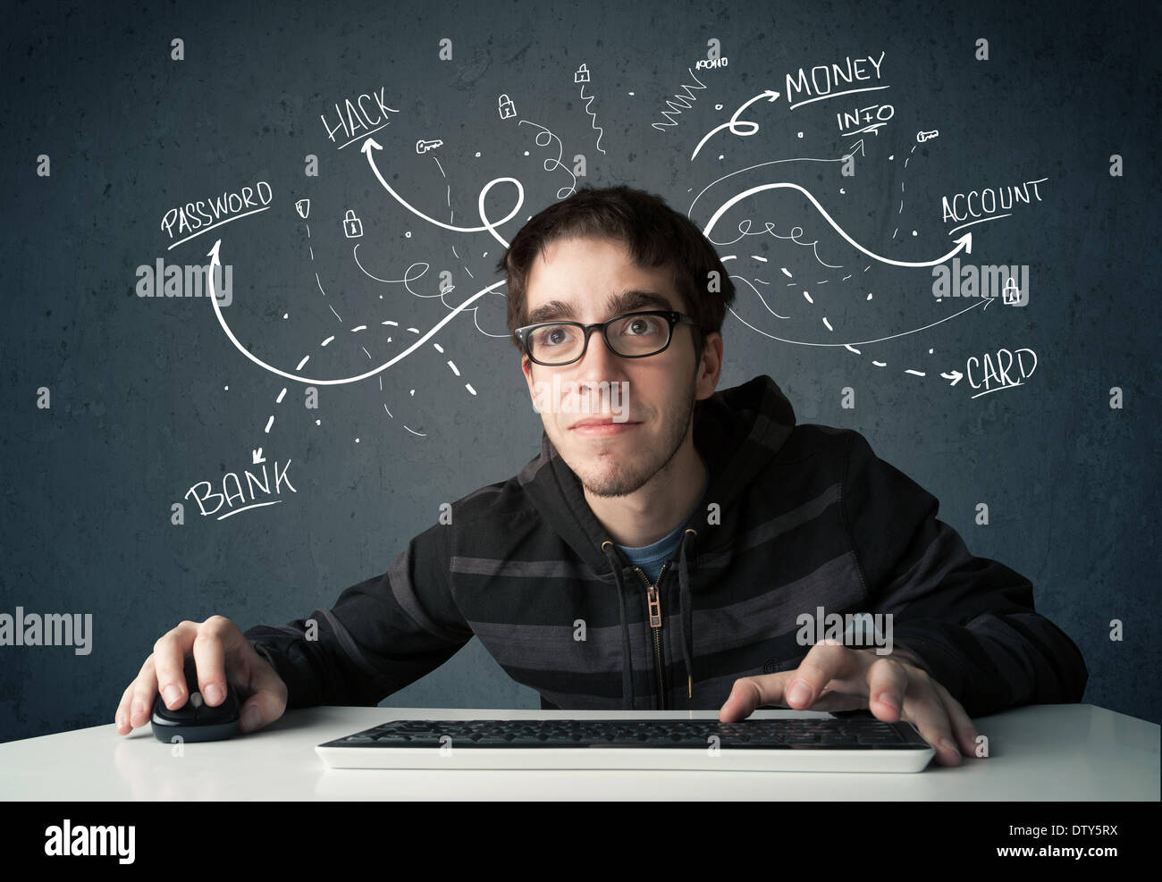 Young hacker with white drawn line thoughts Stock Photo - Alamy