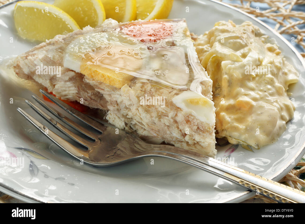 Chicken jelly with lemon and tartar sauce Stock Photo - Alamy