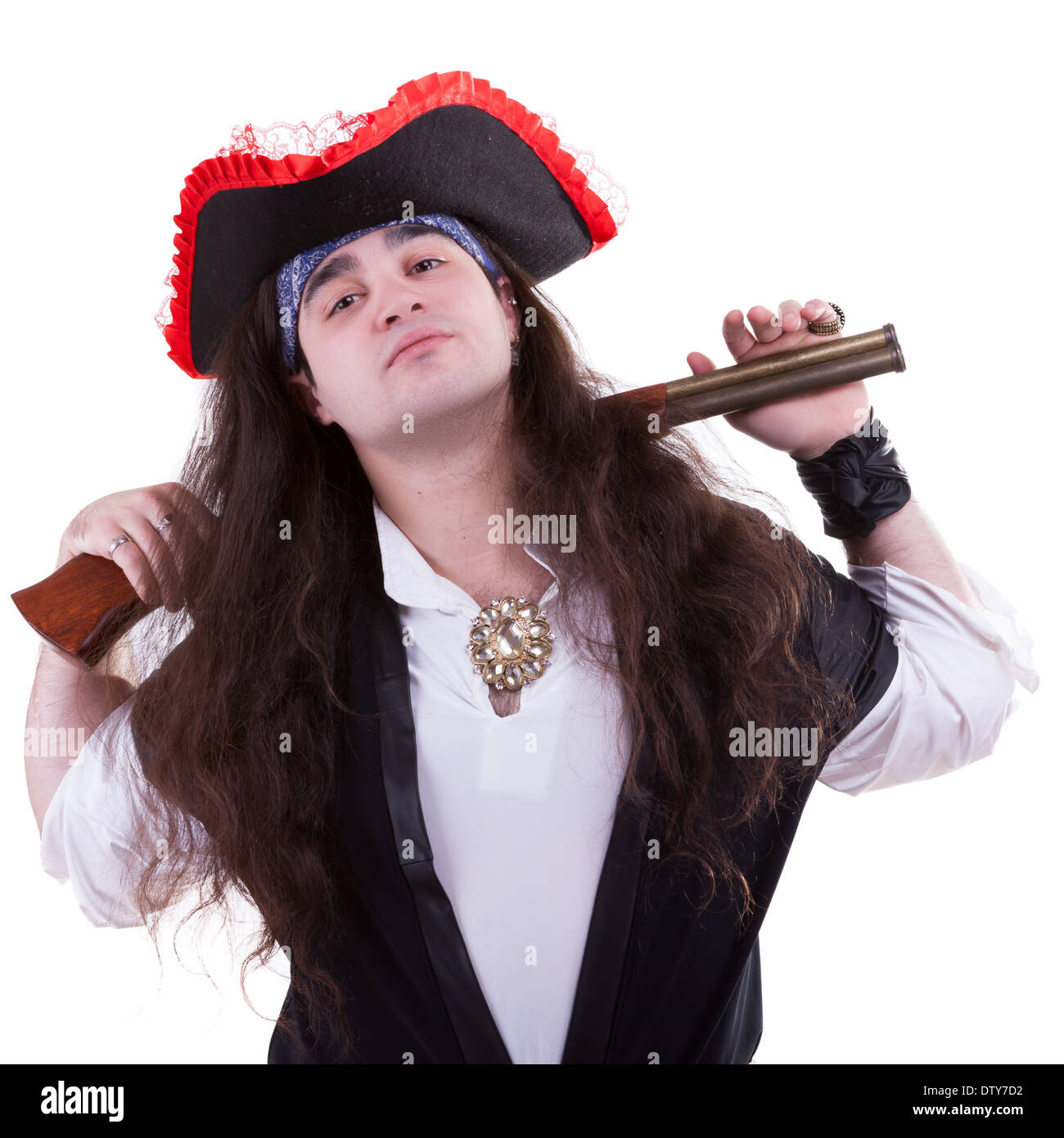Pirate with a gun isolated on white background studio shooting Stock ...