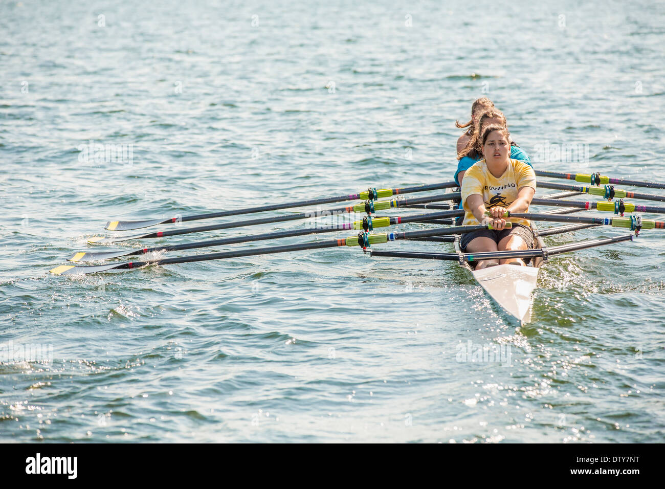 Teenagers rowing together on lake Stock Photo - Alamy