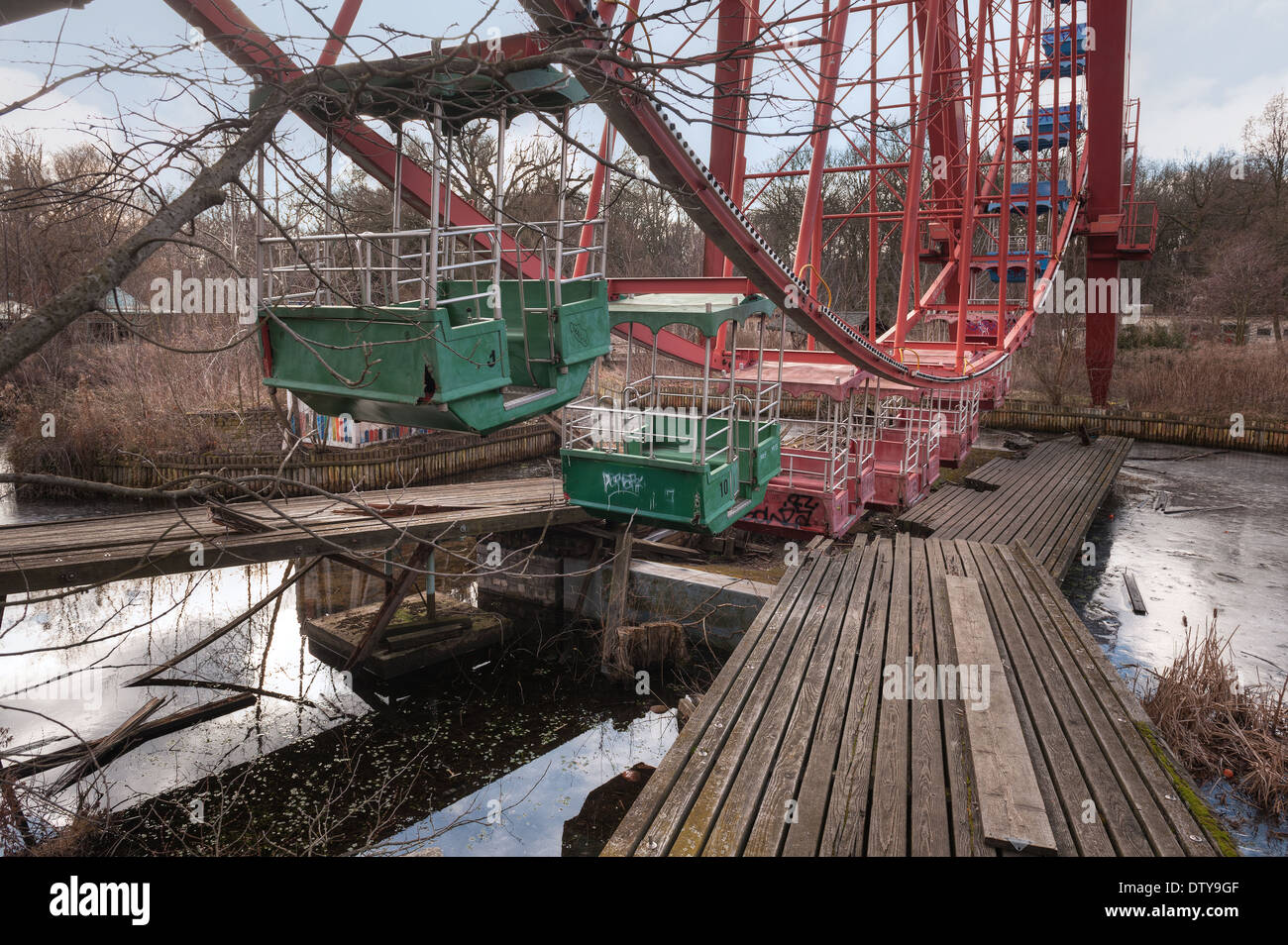 Abandoned derelict recreational forgotten amusement fun park with ruins ...