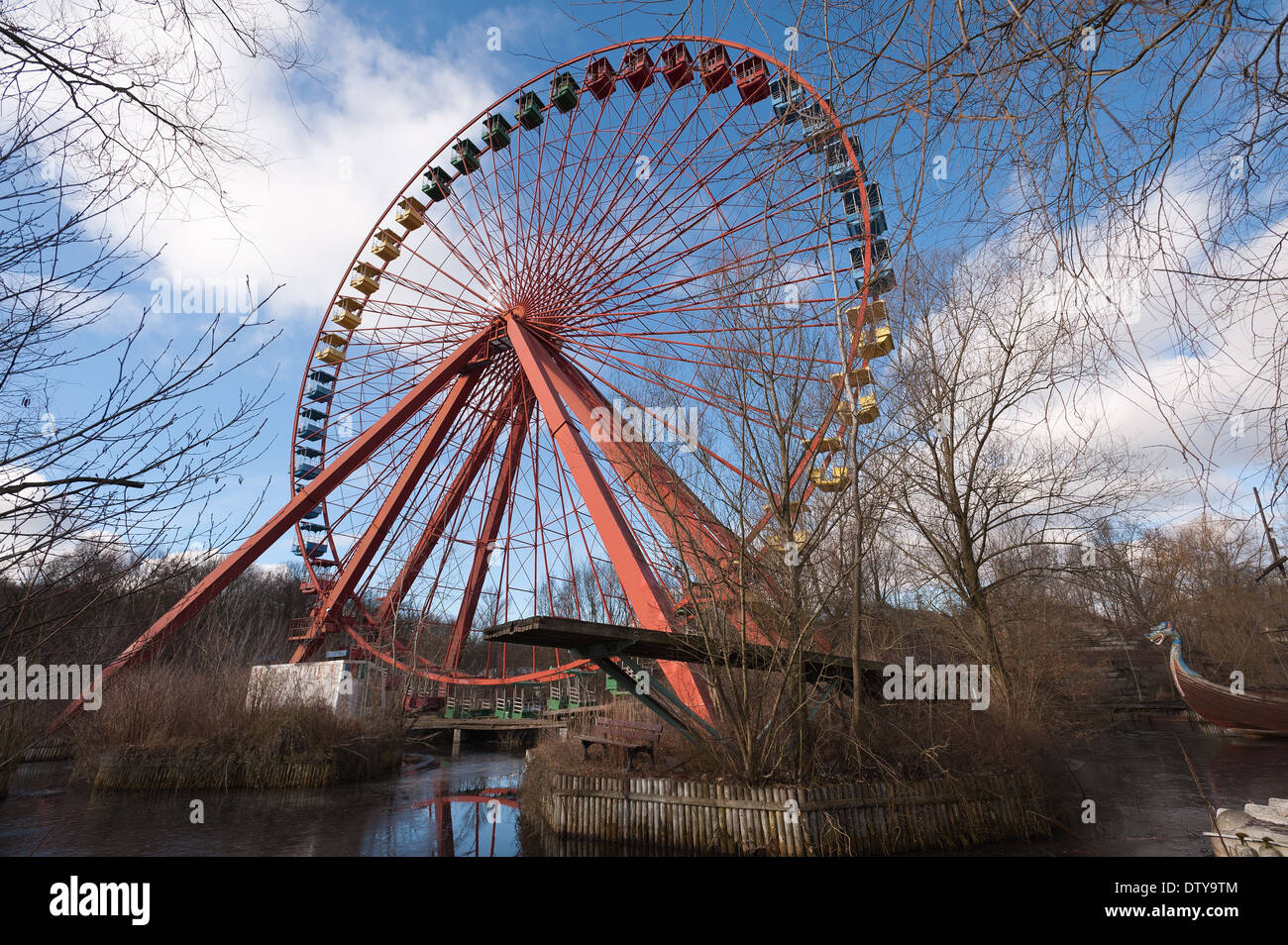 Abandoned derelict recreational forgotten amusement fun park with ruins ...
