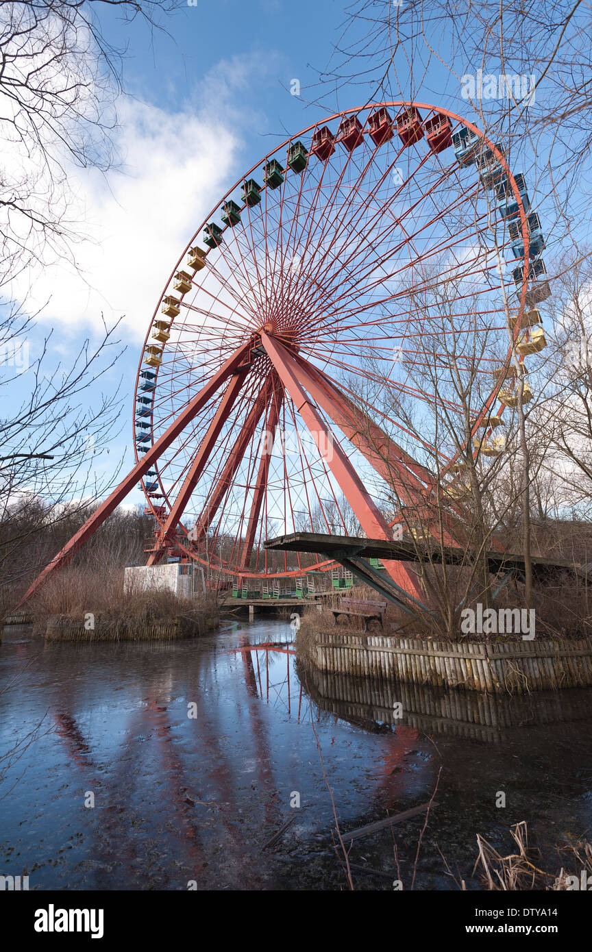 Abandoned derelict recreational forgotten amusement fun park with ruins ...