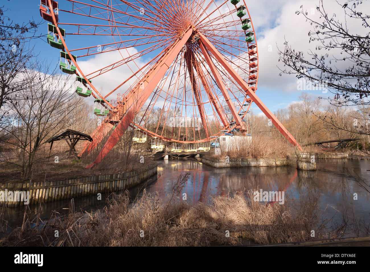 Abandoned derelict recreational forgotten amusement fun park with ruins ...