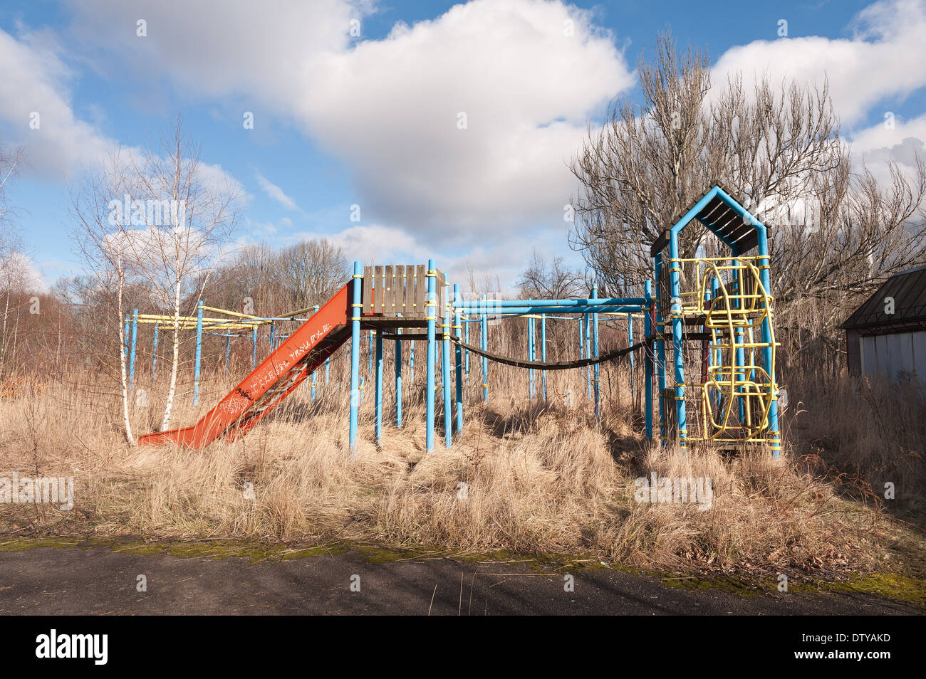Abandoned derelict recreational forgotten amusement fun park with ruins ...