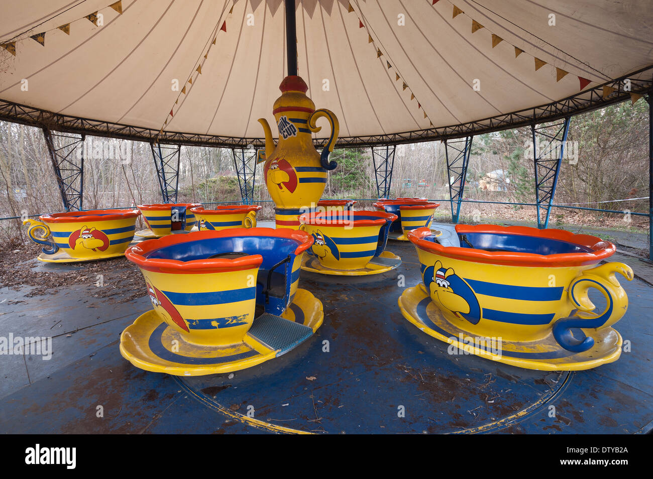 Abandoned derelict recreational forgotten amusement fun park with ruins ...