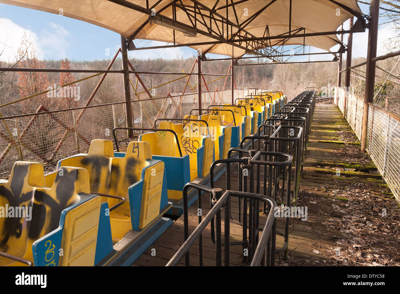 Abandoned derelict recreational forgotten amusement fun park with ruins ...