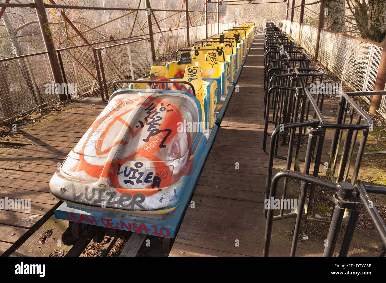 Abandoned derelict recreational forgotten amusement fun park with ruins ...