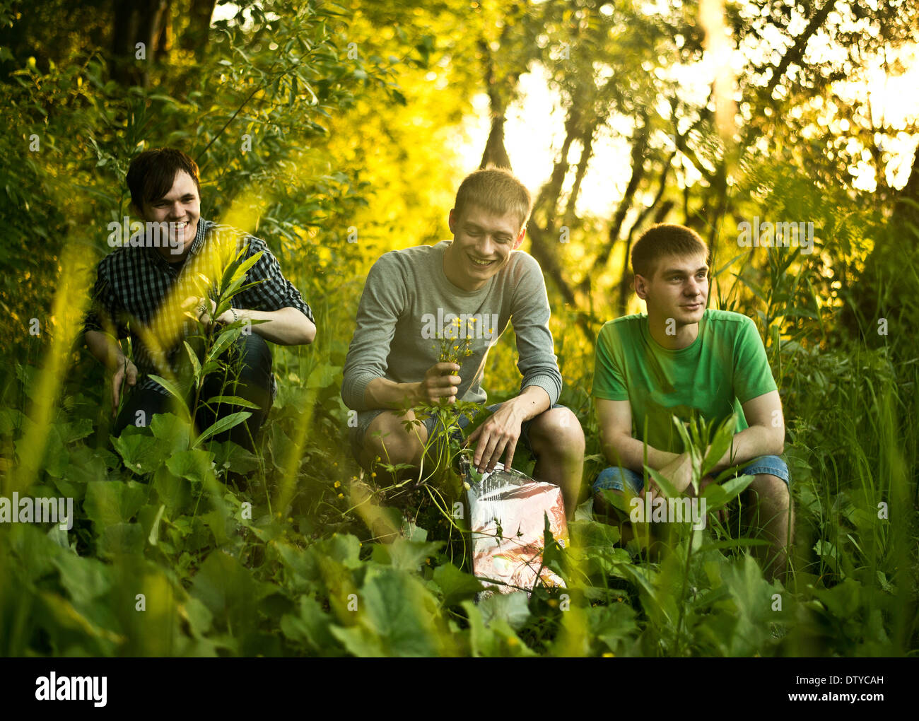 Caucasian men sitting in woods Stock Photo - Alamy