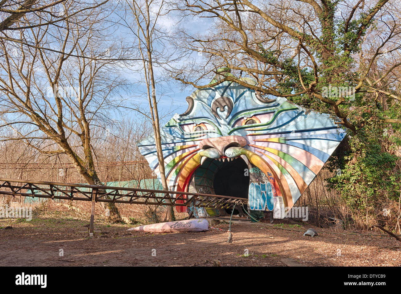 Abandoned derelict recreational forgotten amusement fun park with ruins ...