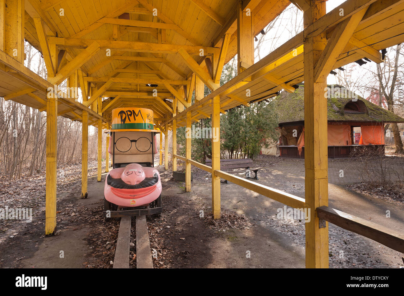 Abandoned derelict recreational forgotten amusement fun park with ruins ...