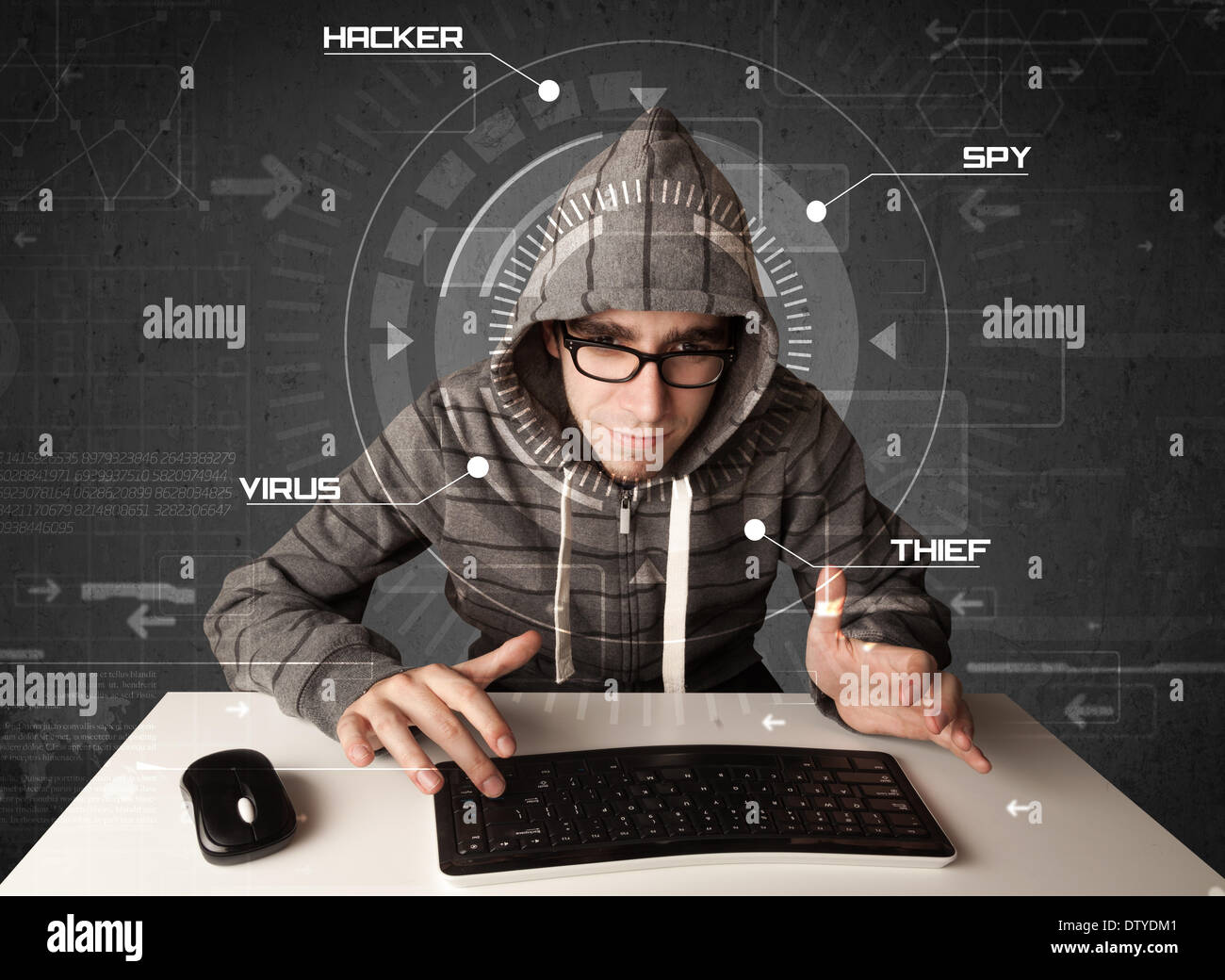 Young hacker in futuristic enviroment hacking personal information ...