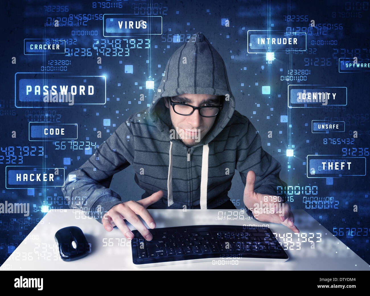 Hacker programing in technology enviroment with cyber icons Stock Photo ...