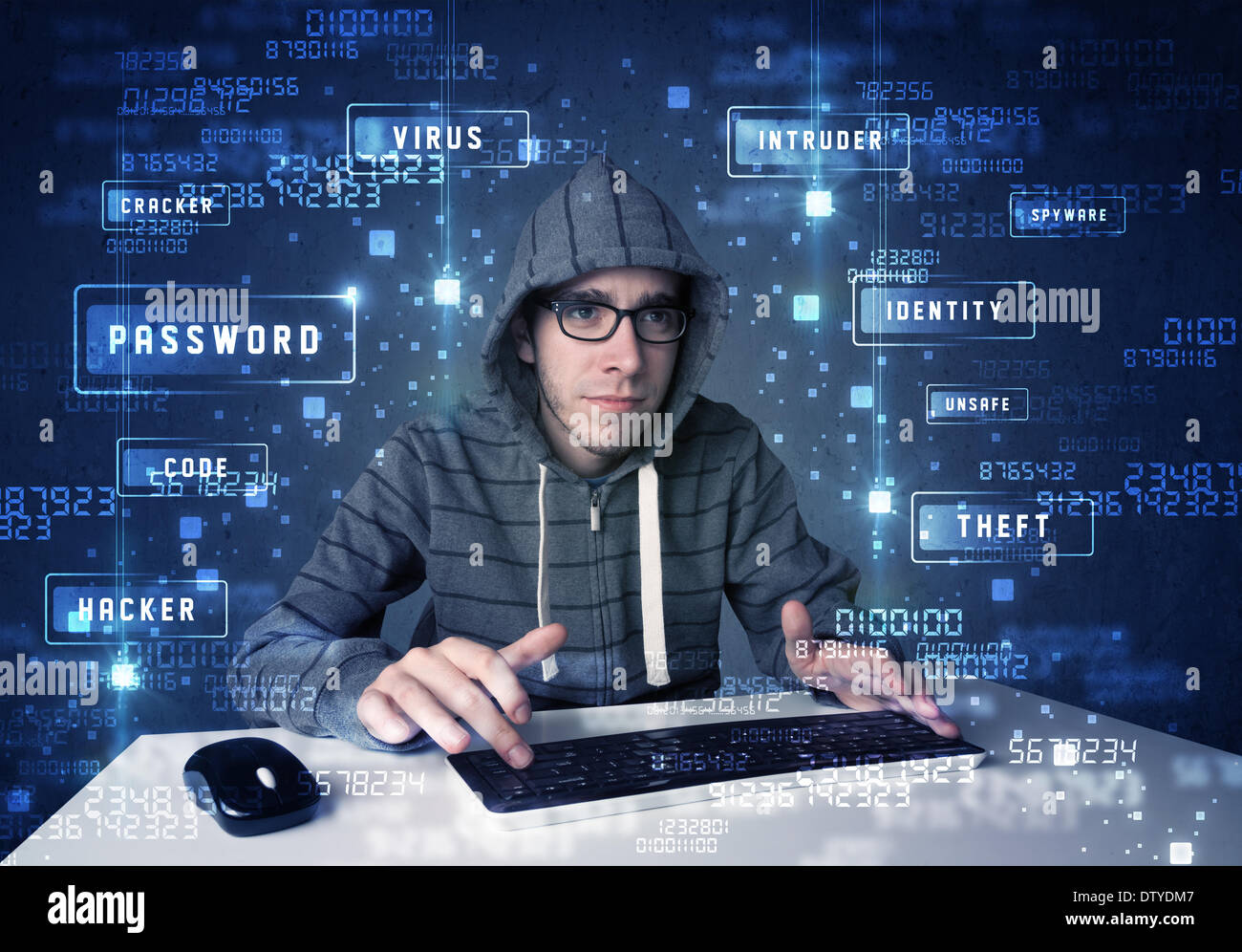 Hacker programing in technology enviroment with cyber icons Stock Photo - Alamy