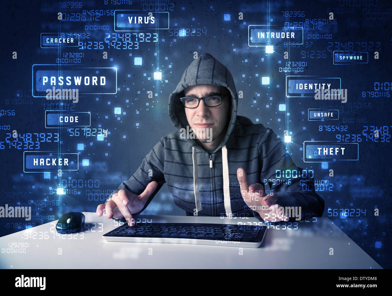 Hacker programing in technology enviroment with cyber icons Stock Photo ...