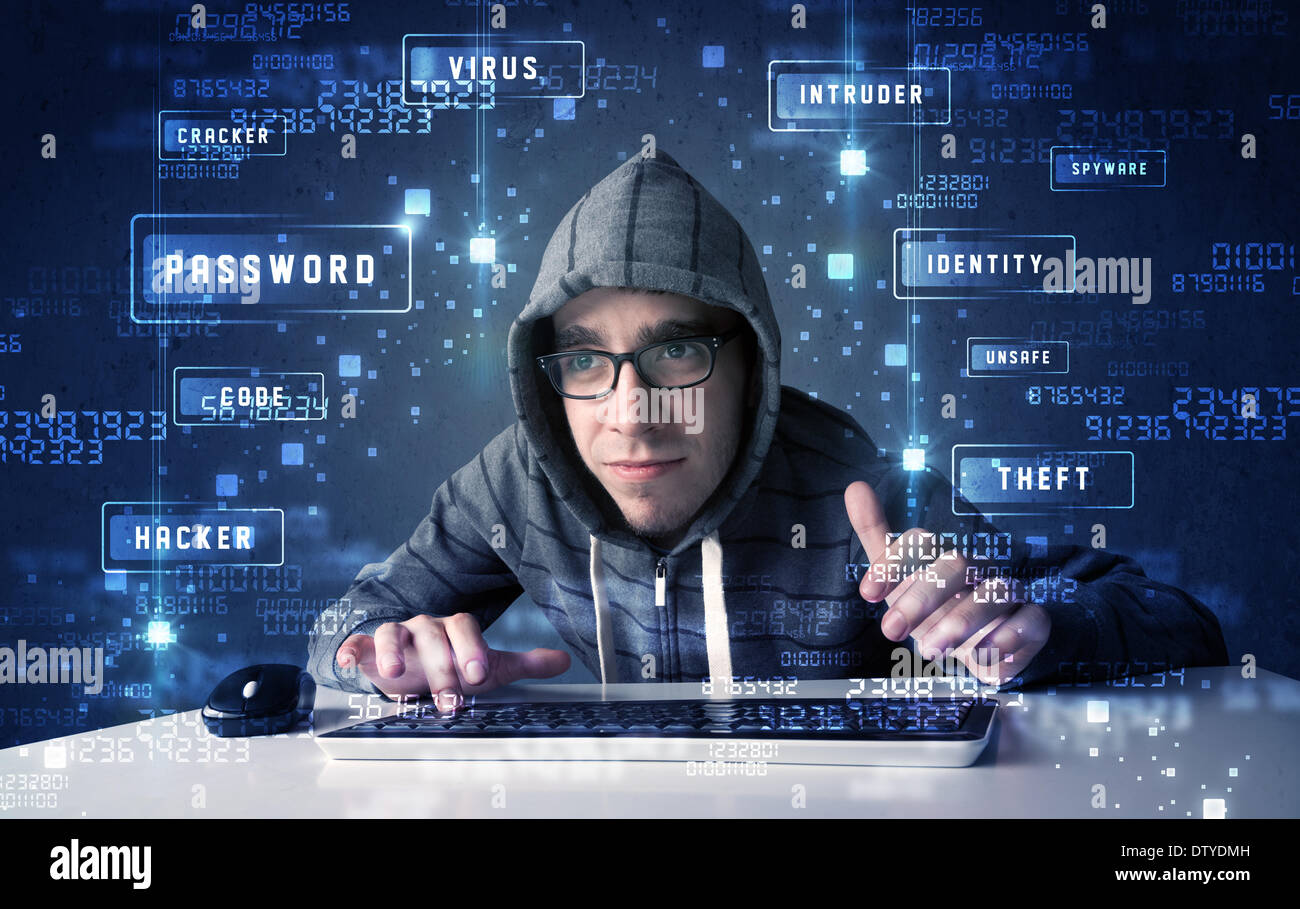 Hacker programing in technology enviroment with cyber icons Stock Photo ...