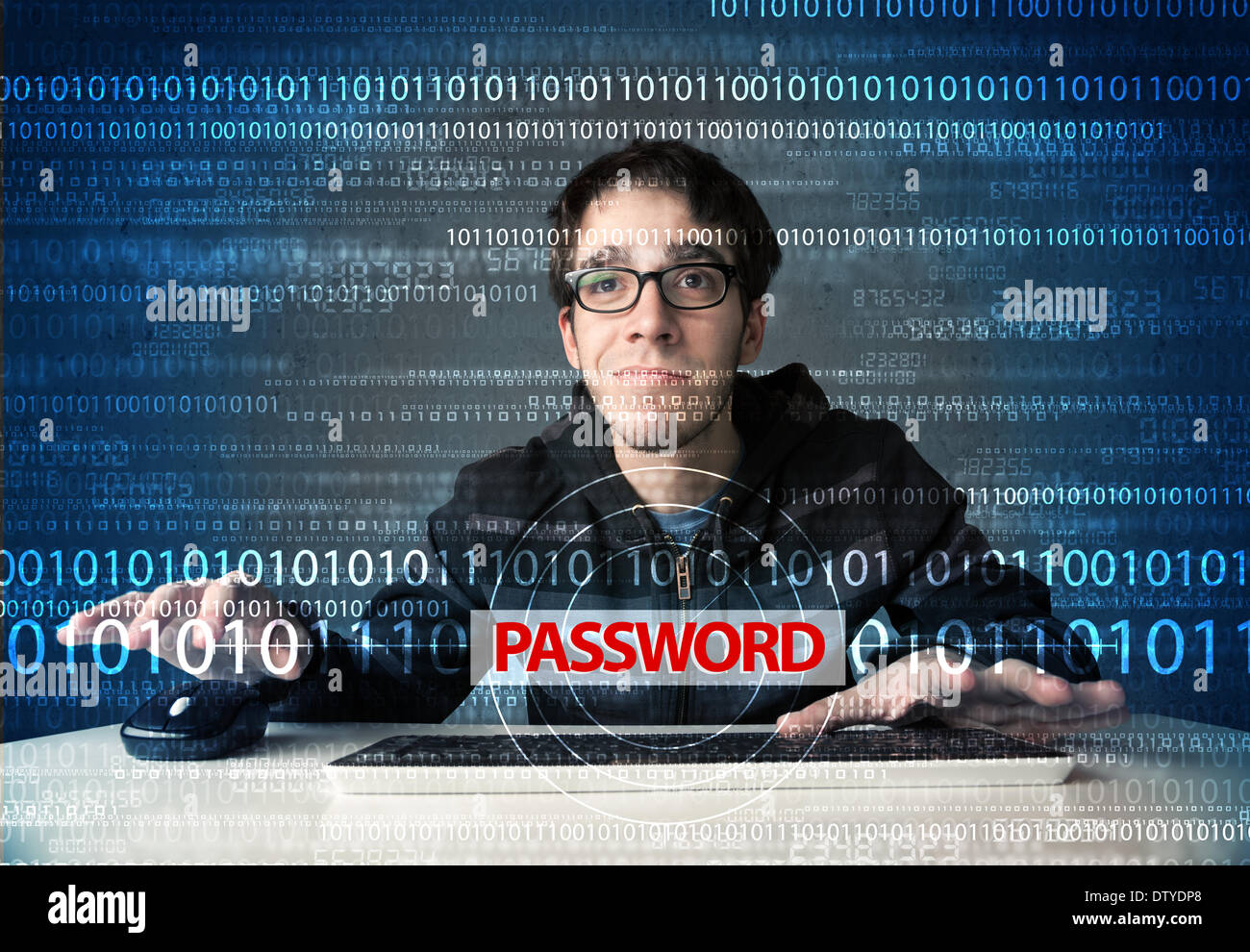 Young geek hacker stealing password Stock Photo - Alamy